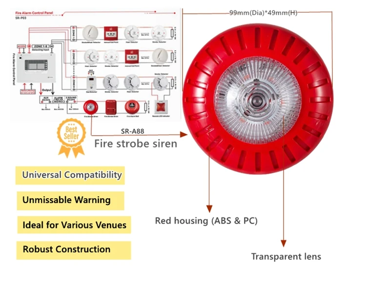 Conventional Fire Alarm Horn/Strobe Siren CE RED Color 24VDC Multi-tone ...